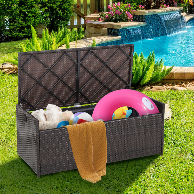 Gymax 34 Gallon Outdoor Storage Patio Bench Patio Wicker Deck Box W Off White Cushion